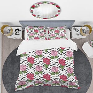 DESIGN ART Designart 'Retro Pink and Red Roses' Mid-Century Duvet Cover Set Full/Queen Cover +2 Shams (Comforter not Included) 3 Piece