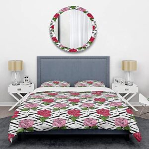 DESIGN ART Designart 'Retro Pink and Red Roses' Mid-Century Duvet Cover Set Full/Queen Cover +2 Shams (Comforter not Included) 3 Piece