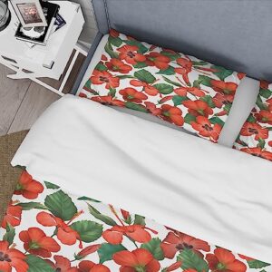 DESIGN ART Designart 'Tropical Red Hibiscus Flowers with Green Leafs On White' Traditional Duvet Cover Set Twin