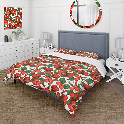 DESIGN ART Designart 'Tropical Red Hibiscus Flowers with Green Leafs On White' Traditional Duvet Cover Set Twin