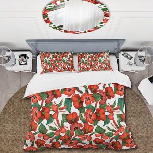 DESIGN ART Designart 'Tropical Red Hibiscus Flowers with Green Leafs On White' Traditional Duvet Cover Set Twin