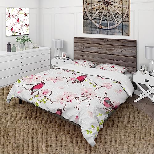 DESIGN ART Designart 'Red Bullfinches On Magnolia Tree' Traditional Duvet Cover Set Full/Queen Cover + 2 Shams 3 Piece