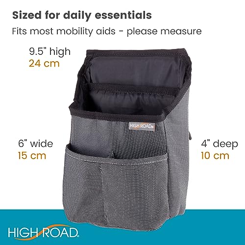 High Road Mobility Scooter Organizer, Compact Walker Bag and Wheelchair Side Bag with Easy Access Pockets for Adult Daily Living Needs (Gray Check)