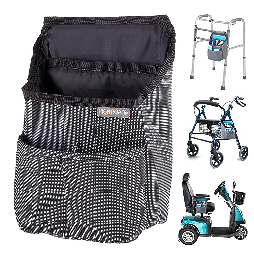 High Road Mobility Scooter Organizer, Compact Walker Bag and Wheelchair Side Bag with Easy Access Pockets for Adult Daily Living Needs (Gray Check)