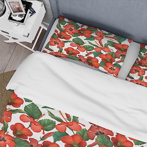 DESIGN ART Designart 'Tropical Red Hibiscus Flowers with Green Leafs On White' Traditional Duvet Cover Set King