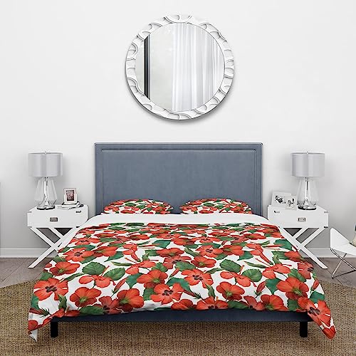 DESIGN ART Designart 'Tropical Red Hibiscus Flowers with Green Leafs On White' Traditional Duvet Cover Set King