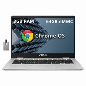 asus c423na chromebook 14" hd laptop, intel celeron n3350 processor, 8gb ram, 64gb emmc flash memory, intel hd graphics, hd webcam, stereo speakers, chrome os, silver (renewed)