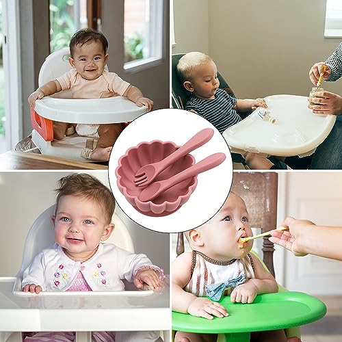 KOOTAU Silicone Baby Bowl with Suction and Spoon, Pink Toddler Self Feeding Bowl Set with Spoons and Fork for Baby