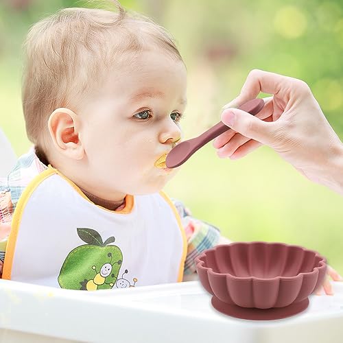 KOOTAU Silicone Baby Bowl with Suction and Spoon, Pink Toddler Self Feeding Bowl Set with Spoons and Fork for Baby