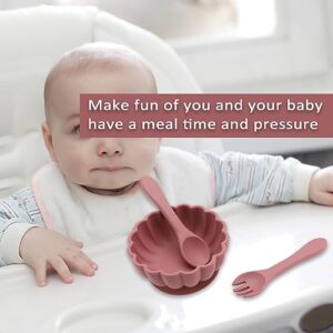 KOOTAU Silicone Baby Bowl with Suction and Spoon, Pink Toddler Self Feeding Bowl Set with Spoons and Fork for Baby