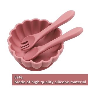 KOOTAU Silicone Baby Bowl with Suction and Spoon, Pink Toddler Self Feeding Bowl Set with Spoons and Fork for Baby