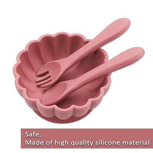 KOOTAU Silicone Baby Bowl with Suction and Spoon, Pink Toddler Self Feeding Bowl Set with Spoons and Fork for Baby