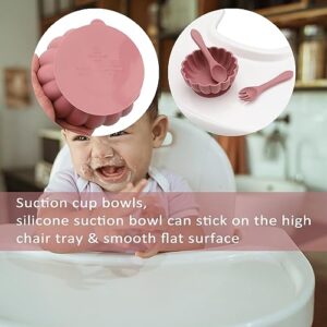 KOOTAU Silicone Baby Bowl with Suction and Spoon, Pink Toddler Self Feeding Bowl Set with Spoons and Fork for Baby