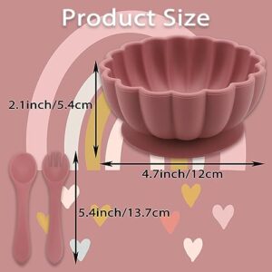 KOOTAU Silicone Baby Bowl with Suction and Spoon, Pink Toddler Self Feeding Bowl Set with Spoons and Fork for Baby