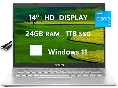 2023 Newest Upgraded Vivobook Laptops for Student & Business by Asus, 14'' HD Computer, Intel Core i3-1115G4(Up to 4.1 GHz), 24GB RAM, 1TB SSD, Light-Weight, USB-C, Wi-Fi, Windows 11|Free HDMI Cable