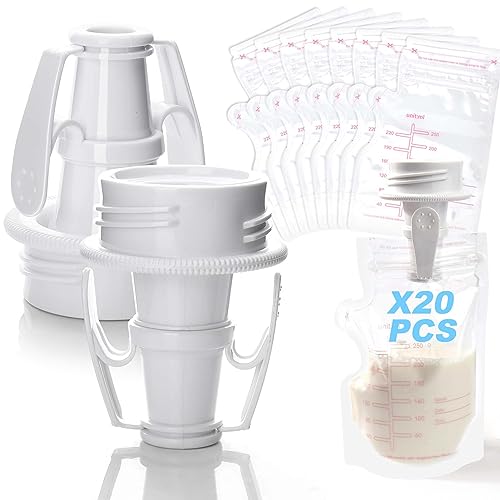 Juome 2Pcs Breastmilk Storage Bag Adapters Compatible with Spectra S1 S2/Medela Pumps Wide Mouth Flanges, Baby Bottle Converter for Medela Bottles/Other Narrow Neck Bottles, 20Pcs Milk Collection Bags