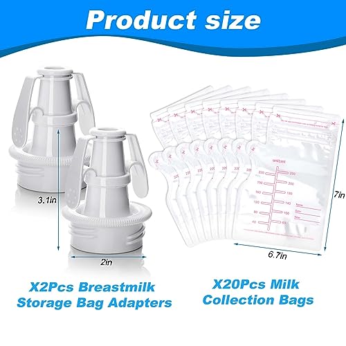 Juome 2Pcs Breastmilk Storage Bag Adapters Compatible with Spectra S1 S2/Medela Pumps Wide Mouth Flanges, Baby Bottle Converter for Medela Bottles/Other Narrow Neck Bottles, 20Pcs Milk Collection Bags