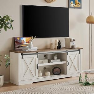 amerlife 66" farmhouse tv stand for 75 inches tvs, entertainment center with sliding barn door and adjustable shelf & feet, console table with storage, distressed white & rustic