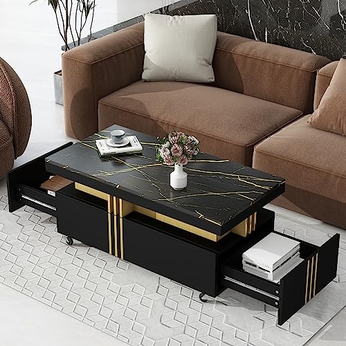 Merax Contemporary Coffee Table with Faux Marble Tabletop, Caster Wheels, and Gold Metal Bars for Living Room, 39.3 inch Length, Black