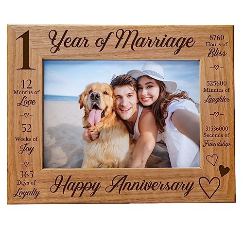 CEDAR CRATE MARKET 1st Wedding Anniversary Picture Frame - 1 Year Anniversary, 1 Year of Marriage, Engraved Wood Photo Frame Fits a 5x7 Horizontal Landscape, Tabletop or Hanging Wedding Frame