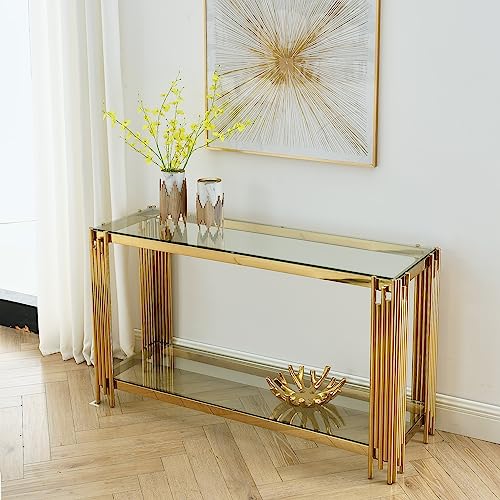 55" Gold Console Table, Modern Glass Sofa Table with Polished Golden Stainless Steel Frame and Clear Tempered Glass Top, for Living Room Entryway Bedroom