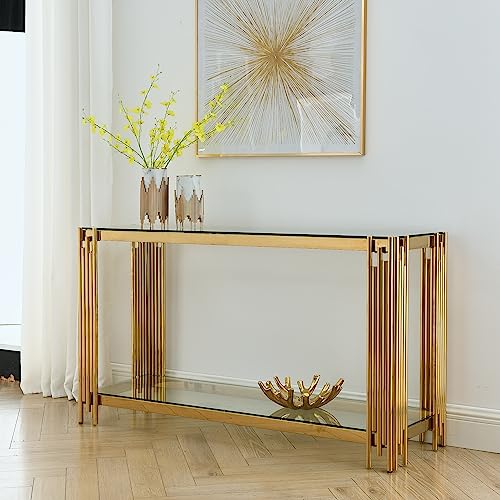 55" Gold Console Table, Modern Glass Sofa Table with Polished Golden Stainless Steel Frame and Clear Tempered Glass Top, for Living Room Entryway Bedroom