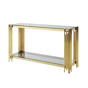 55" Gold Console Table, Modern Glass Sofa Table with Polished Golden Stainless Steel Frame and Clear Tempered Glass Top, for Living Room Entryway Bedroom