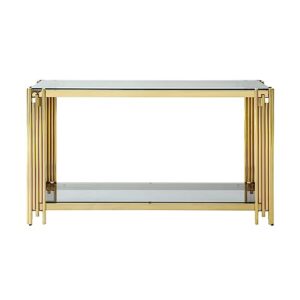 55" Gold Console Table, Modern Glass Sofa Table with Polished Golden Stainless Steel Frame and Clear Tempered Glass Top, for Living Room Entryway Bedroom