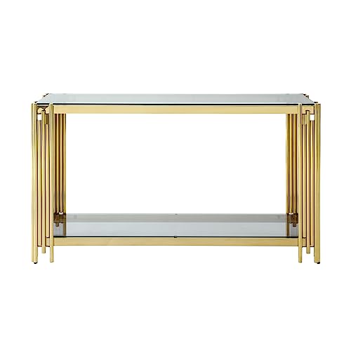 55" Gold Console Table, Modern Glass Sofa Table with Polished Golden Stainless Steel Frame and Clear Tempered Glass Top, for Living Room Entryway Bedroom