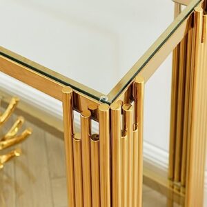 55" Gold Console Table, Modern Glass Sofa Table with Polished Golden Stainless Steel Frame and Clear Tempered Glass Top, for Living Room Entryway Bedroom