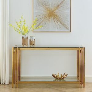 55" Gold Console Table, Modern Glass Sofa Table with Polished Golden Stainless Steel Frame and Clear Tempered Glass Top, for Living Room Entryway Bedroom