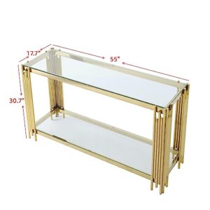 55" Gold Console Table, Modern Glass Sofa Table with Polished Golden Stainless Steel Frame and Clear Tempered Glass Top, for Living Room Entryway Bedroom