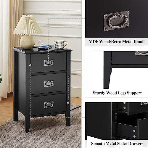 VECELO Nightstands Set of 2 with Charging Station End Bedside Tables with 3 Storage for Bedroom, Living Room, Vintage Accent Furniture, Solid Wood Legs, Three Drawers, Black