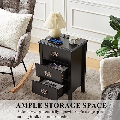 VECELO Nightstands Set of 2 with Charging Station End Bedside Tables with 3 Storage for Bedroom, Living Room, Vintage Accent Furniture, Solid Wood Legs, Three Drawers, Black