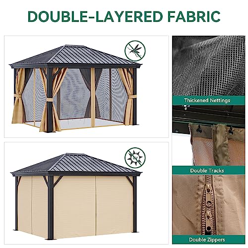 DWVO 10x12ft Hardtop Gazebo with Nettings and Curtains, Heavy Duty Galvanized Steel Outdoor Vertical Stripes Roof for Patio, Backyard, Deck, Lawns, Brown