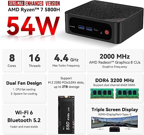 Beelink Mini PC SER5 MAX 5800H, AMD Ryzen 7 5800H(Up to 4.4GHz), TDP 54W Mini Desktop Computers, 16GB RAM 500GB M.2 PCIe3.0 SSD, Support Triple Display(HDMI, DP, TypeC)/WiFi 6/BT5.2/USB3.2/1000M LAN