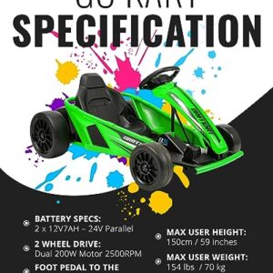 Hyper 24V Ride-On Electric Go Kart for Kids 8-14 Years, 3-Speed Setting with Drift Kart Mode, Foot Accelerated Pedal, Up to 9MPH Speed, 154 Lbs Max Weight, Ergonomic Seat & Sturdy Steel Frame, Green