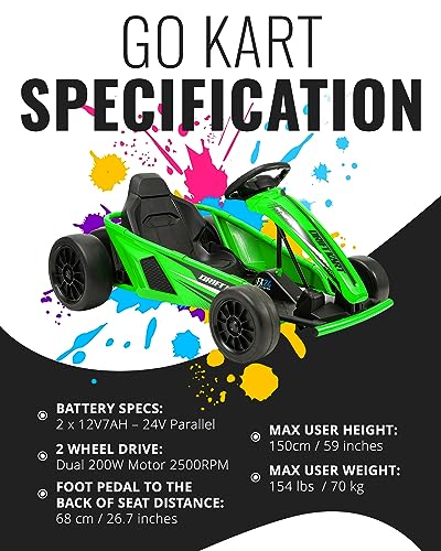 Hyper 24V Ride-On Electric Go Kart for Kids 8-14 Years, 3-Speed Setting with Drift Kart Mode, Foot Accelerated Pedal, Up to 9MPH Speed, 154 Lbs Max Weight, Ergonomic Seat & Sturdy Steel Frame, Green