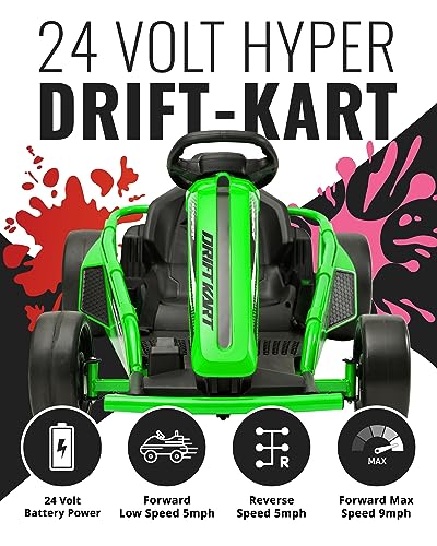 Hyper 24V Ride-On Electric Go Kart for Kids 8-14 Years, 3-Speed Setting with Drift Kart Mode, Foot Accelerated Pedal, Up to 9MPH Speed, 154 Lbs Max Weight, Ergonomic Seat & Sturdy Steel Frame, Green