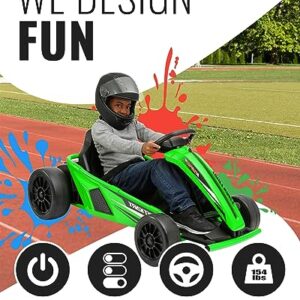 Hyper 24V Ride-On Electric Go Kart for Kids 8-14 Years, 3-Speed Setting with Drift Kart Mode, Foot Accelerated Pedal, Up to 9MPH Speed, 154 Lbs Max Weight, Ergonomic Seat & Sturdy Steel Frame, Green