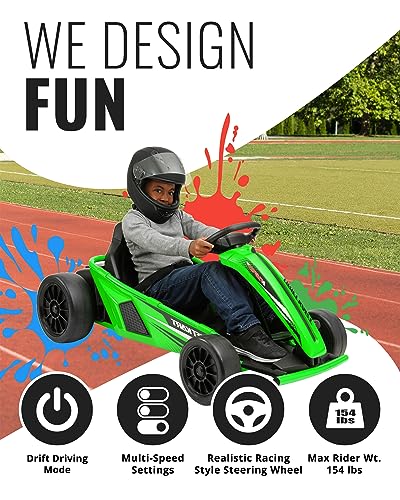 Hyper 24V Ride-On Electric Go Kart for Kids 8-14 Years, 3-Speed Setting with Drift Kart Mode, Foot Accelerated Pedal, Up to 9MPH Speed, 154 Lbs Max Weight, Ergonomic Seat & Sturdy Steel Frame, Green