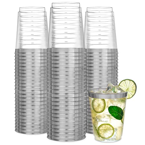 R-kay Silver Plastic Cups For Party - 100 Pack - 10 Oz Clear Silver Cups - Hard Disposable Cups - Heavy Duty Silver Party Cups - Plastic Wine Glasses For Parties Disposable - Plastic Cocktail Glasses