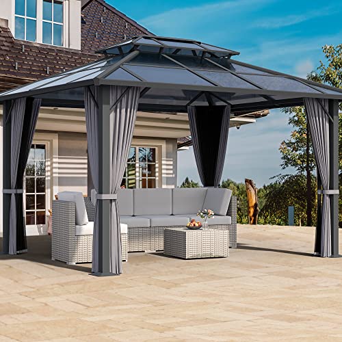 HAPPATIO 10'x 12' Hardtop Gazebo, Outdoor Polycarbonate Double Roof, Aluminum Furniture Gazebo Canopy with Netting and Curtains for Garden, Patio,Deck (Gray)