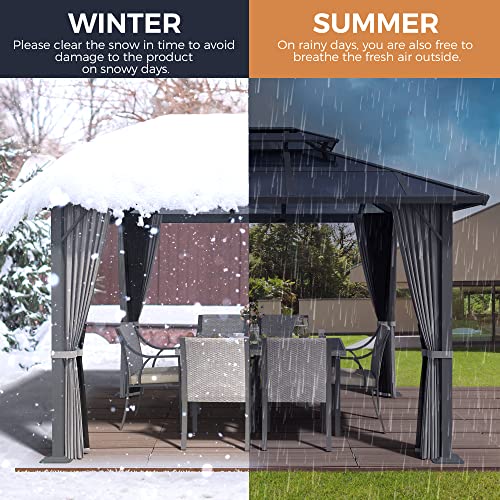 HAPPATIO 10'x 12' Hardtop Gazebo, Outdoor Polycarbonate Double Roof, Aluminum Furniture Gazebo Canopy with Netting and Curtains for Garden, Patio,Deck (Gray)