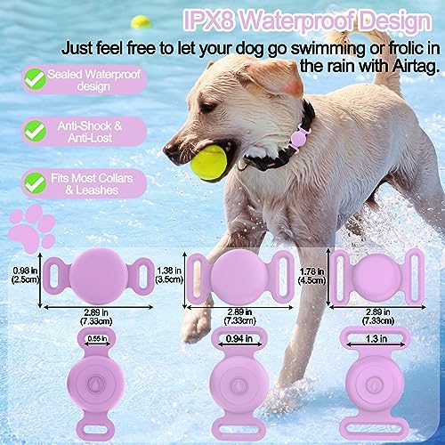 2 Pack IPX8 Waterproof AirTag Dog Collar Holder, Hidden Air Tag Case for GPS Puppy Kitten Cat Collar, Silicone AirTag Mount Tracker Cover Compatible with Pets Harness,Safety Anti-Lost(Pink,Purple M)