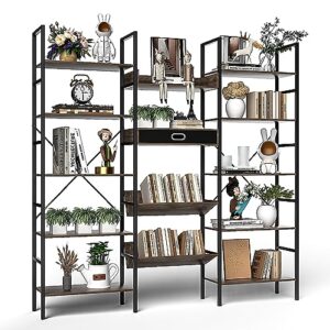 industrial style wood bookshelf, triple 5 tiers bookshelf with metal frame, rustic book shelves display shelf for home office, etagere large open bookshelf for bedroom living room, vintage brown