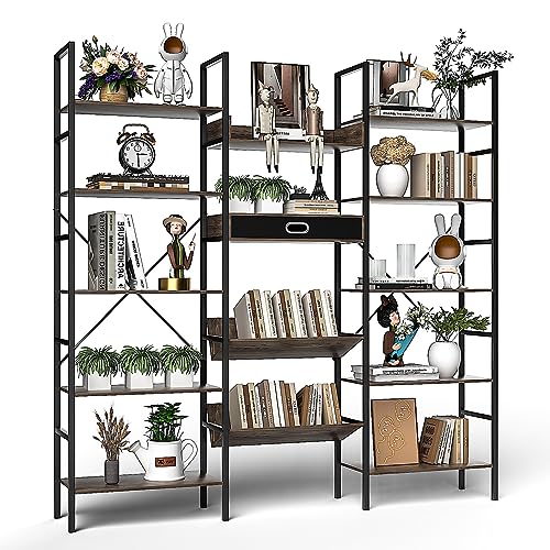 Industrial Style Wood Bookshelf, Triple 5 Tiers Bookshelf with Metal Frame, Rustic Book Shelves Display Shelf for Home Office, Etagere Large Open Bookshelf for Bedroom Living Room, Vintage Brown