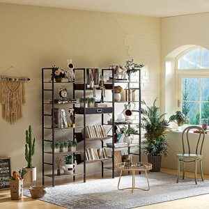 Industrial Style Wood Bookshelf, Triple 5 Tiers Bookshelf with Metal Frame, Rustic Book Shelves Display Shelf for Home Office, Etagere Large Open Bookshelf for Bedroom Living Room, Vintage Brown