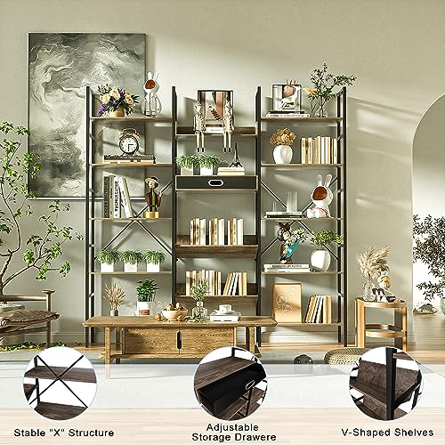 Industrial Style Wood Bookshelf, Triple 5 Tiers Bookshelf with Metal Frame, Rustic Book Shelves Display Shelf for Home Office, Etagere Large Open Bookshelf for Bedroom Living Room, Vintage Brown