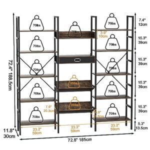 Industrial Style Wood Bookshelf, Triple 5 Tiers Bookshelf with Metal Frame, Rustic Book Shelves Display Shelf for Home Office, Etagere Large Open Bookshelf for Bedroom Living Room, Vintage Brown